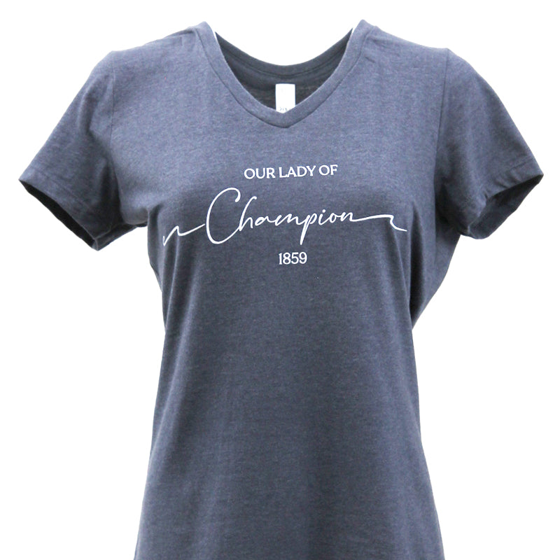 OLOC V Neck Ladies T shirt Heather/Navy – National Shrine of Our Lady ...